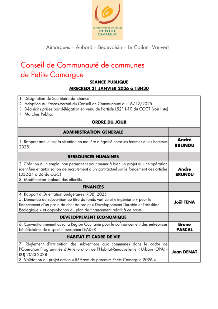 Conseil de Communauté de communes de Petite Camargue -Mercredi 21 ...